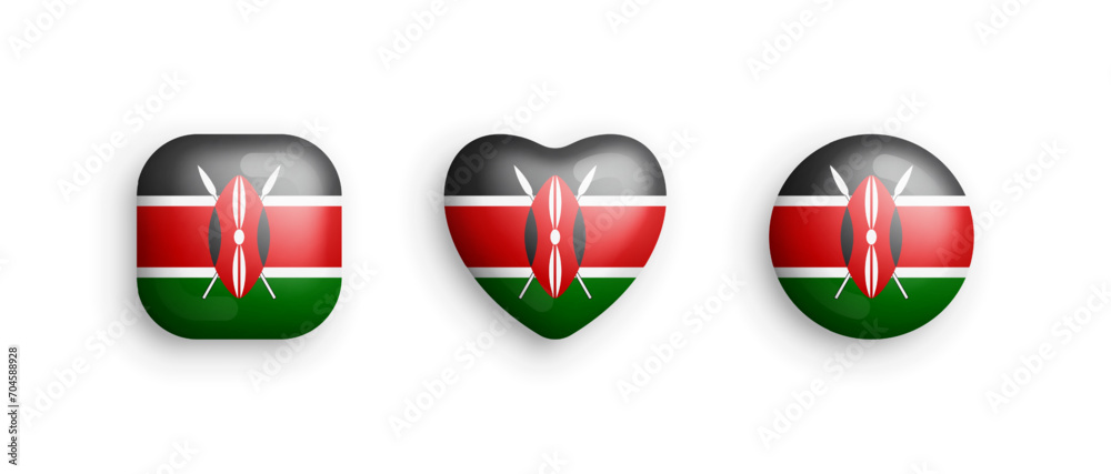 Kenya Official National Flag 3D Vector Glossy Icons In Rounded Square ...