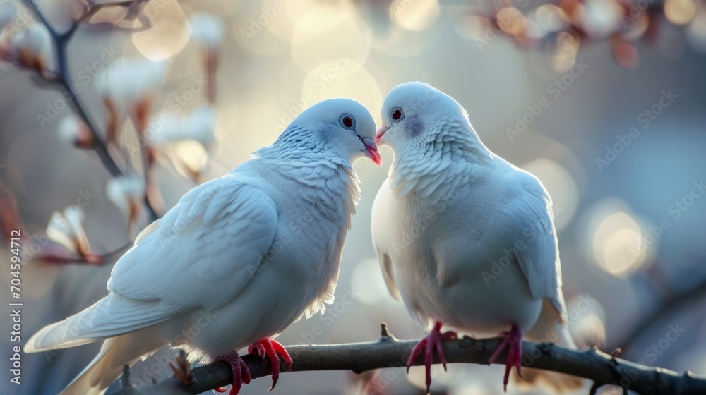Two beautiful white doves kissing on the blossom tree branch Stock ...