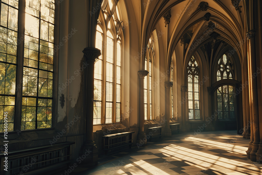 Gothic Church Cathedral Hallway with Sunrays and Soft Light, beautiful ...