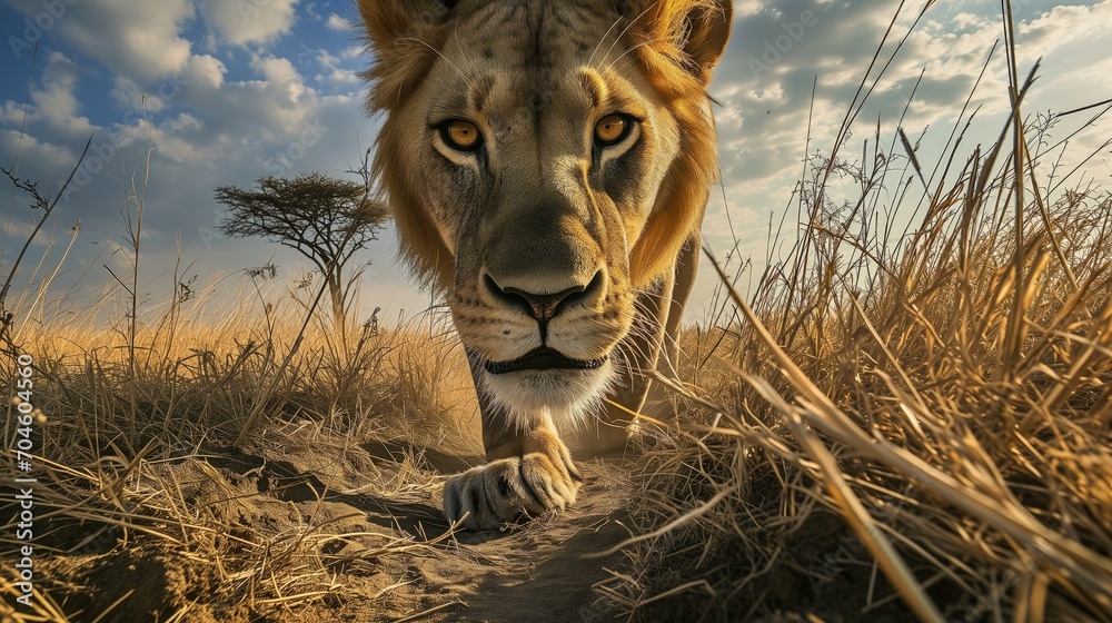 Witness the breathtaking sight of a lion confidently striding through a ...