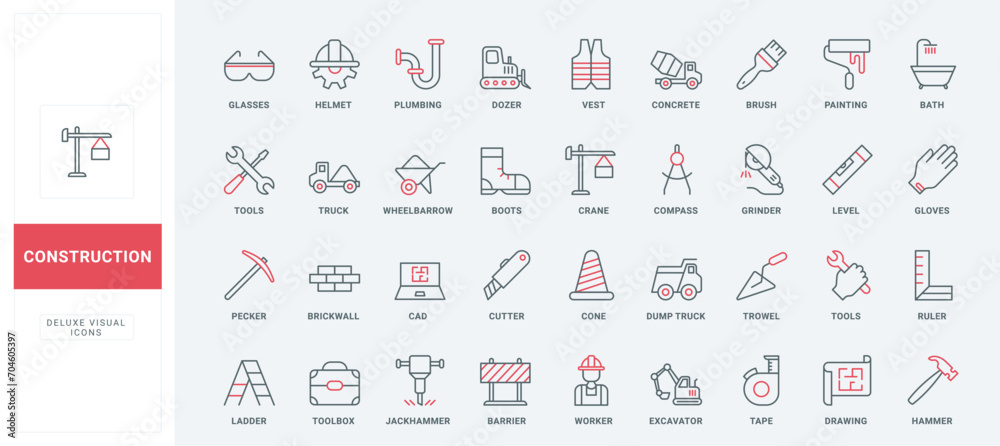 Construction site tools and equipment line icons set. Safety helmet and ...