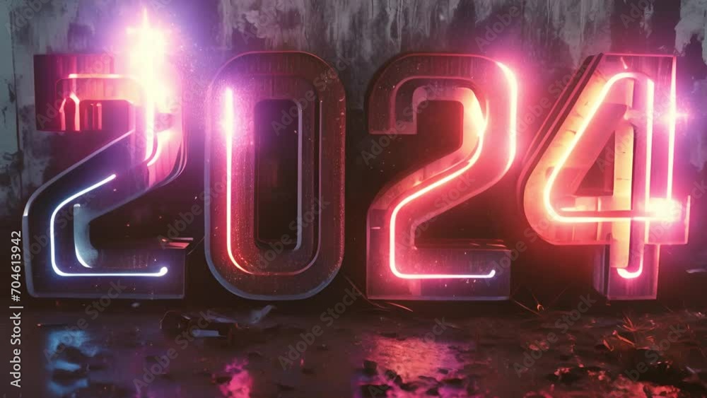 2024 sign with sparkling light. Happy New Year 2024 neon lights ...
