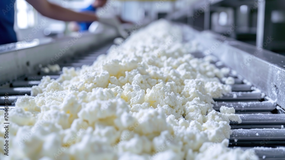 Regular cottage cheese production in a factory using modern technology ...
