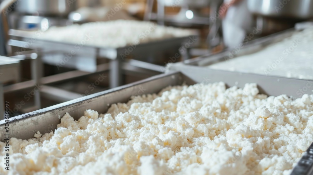 Regular cottage cheese production in a factory using modern technology ...