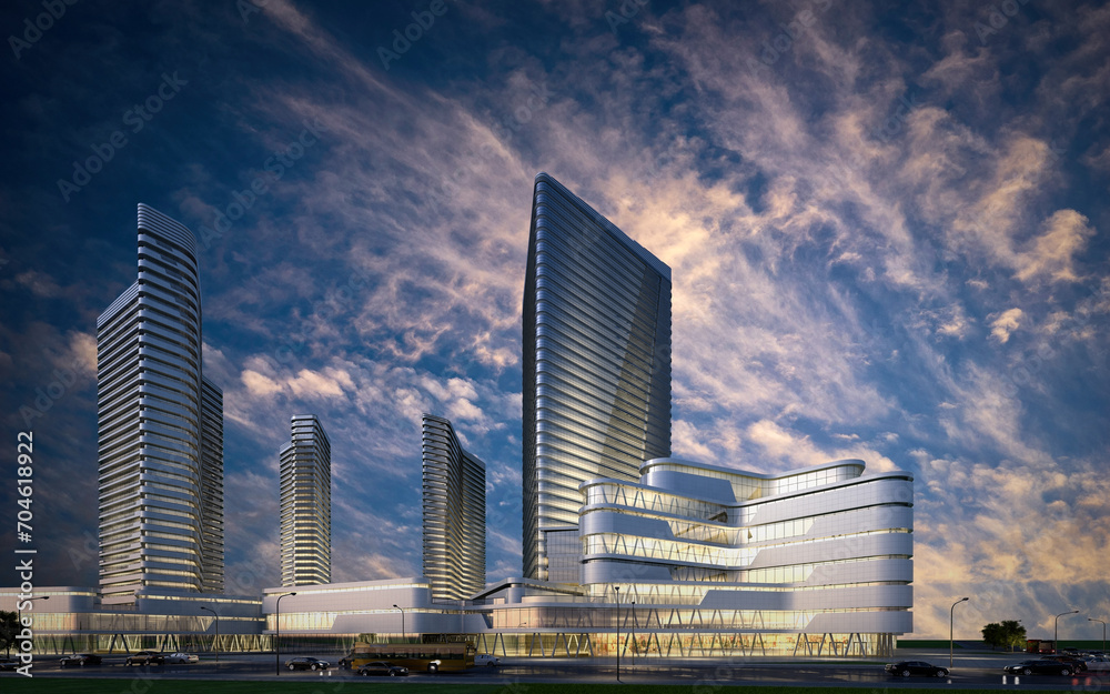 3d render of skyscrapers shopping mall exterior view at night Stock ...