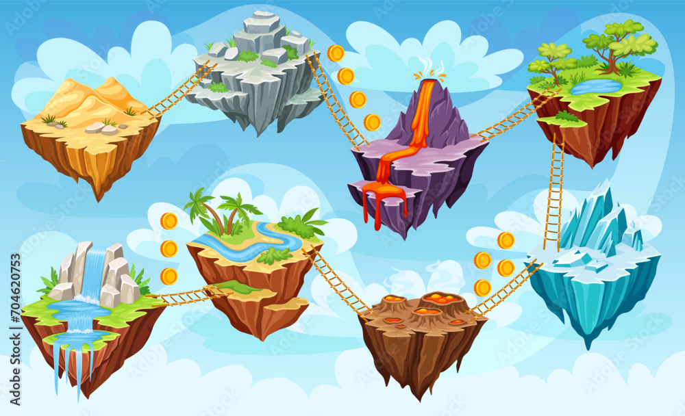 Vetor de Islands level map. Adventure game play stage, road award ...