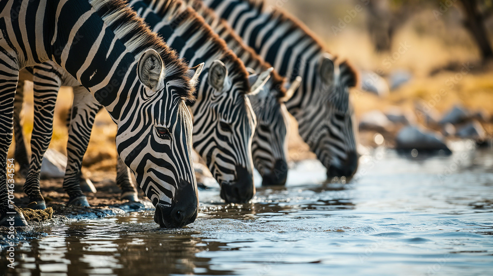 A serene moment captured in nature as zebras gracefully gather to drink ...