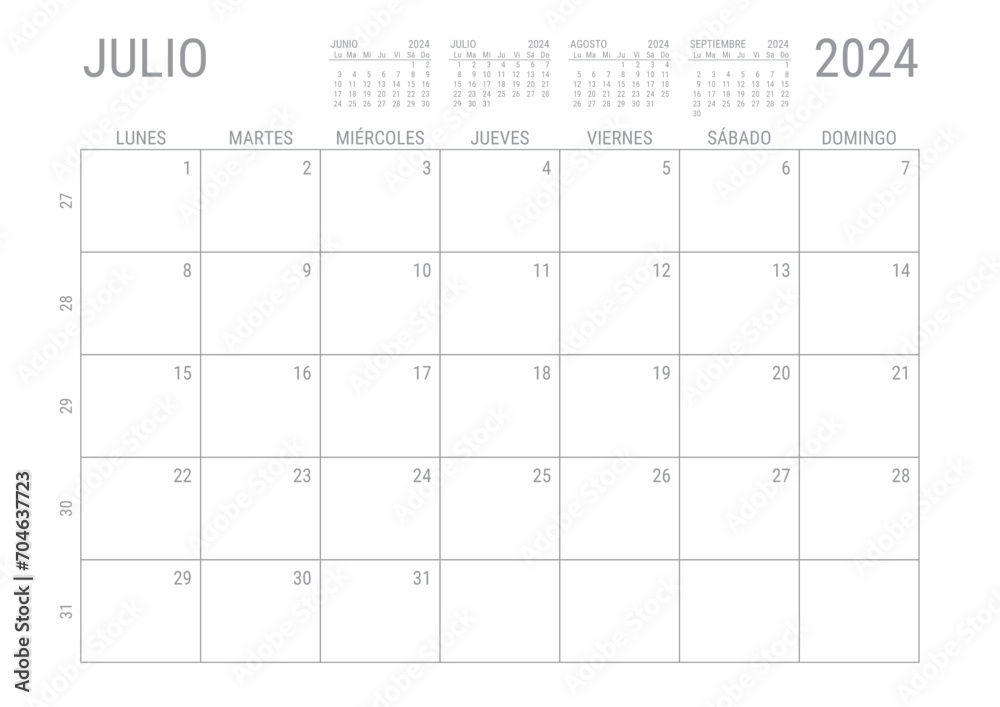 Julio Calendario 2024 Mensual para imprimir con numero de semanas A4 ...