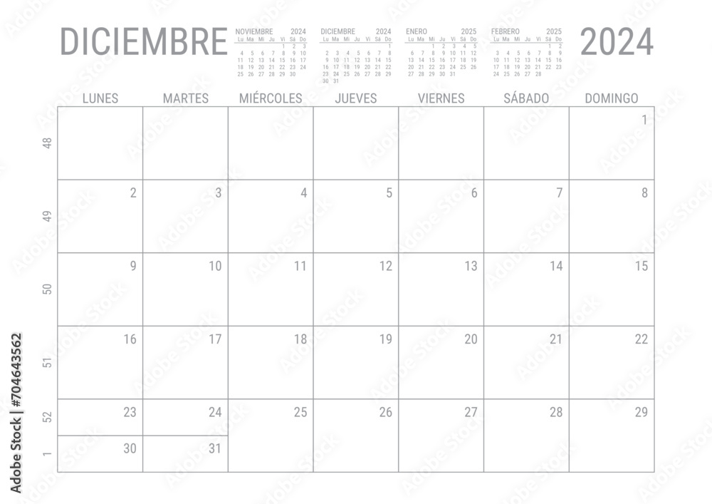 Diciembre Calendario 2024 Mensual para imprimir con numero de semanas ...