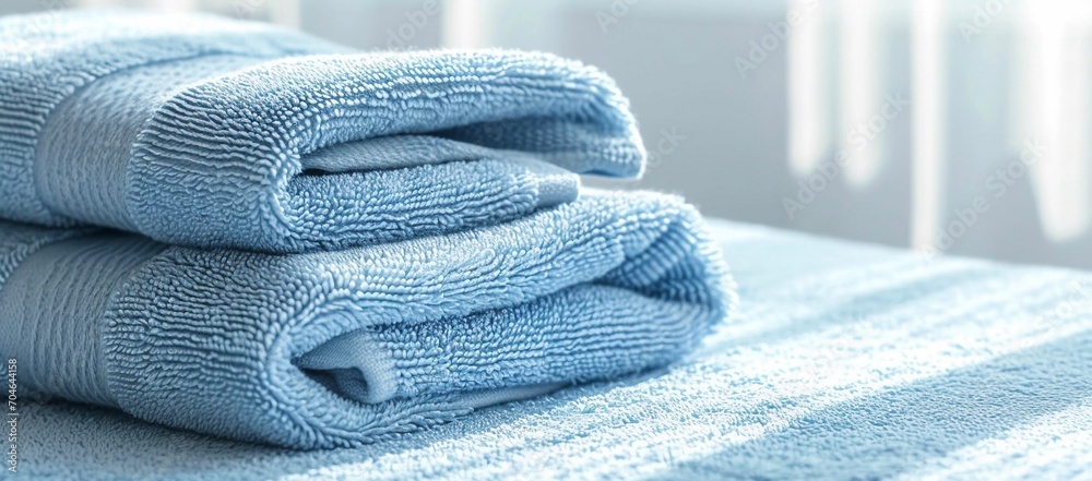 Light blue spa towels pile, bath towels lying in a stack on light blue ...
