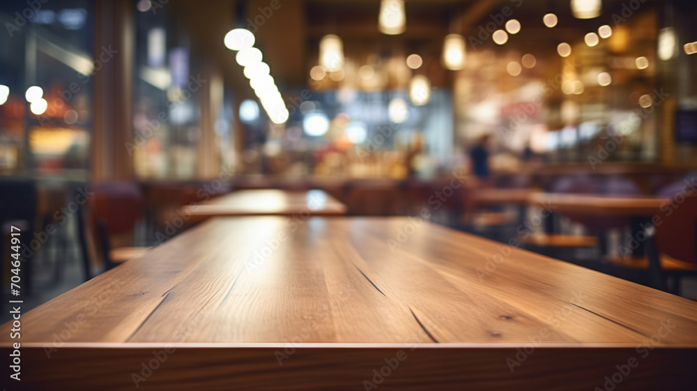 Empty wooden table in a restaurant, restaurant packshot, warm lighting ...