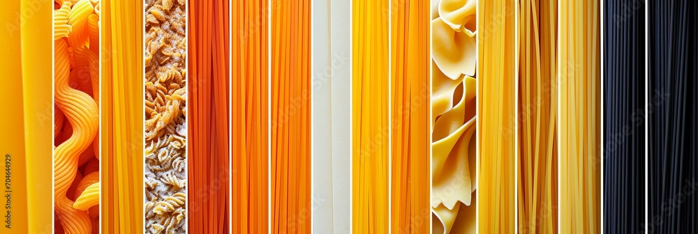 pasta variety collage with white vertical lines seven segments of ...