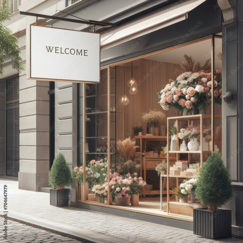 street outdoor view of a generic flower or roses shop display welcome ...