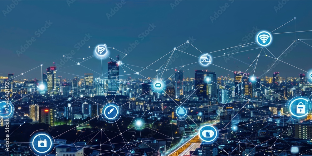 City of Connectivity: A Brightly Lit Urban Landscape at Night, Adorned ...