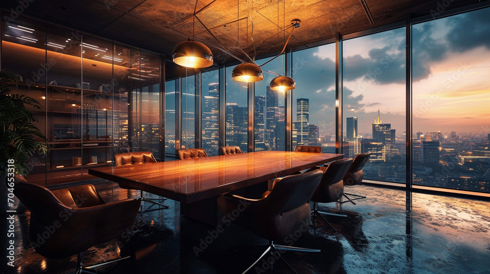 elegant meeting room at night illuminated by artificial light with an ...