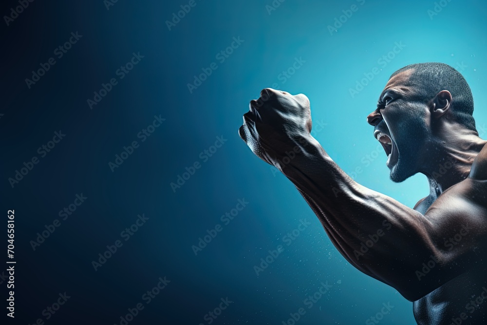 The face of a man. The victorious cry of a young man and a strong fist ...