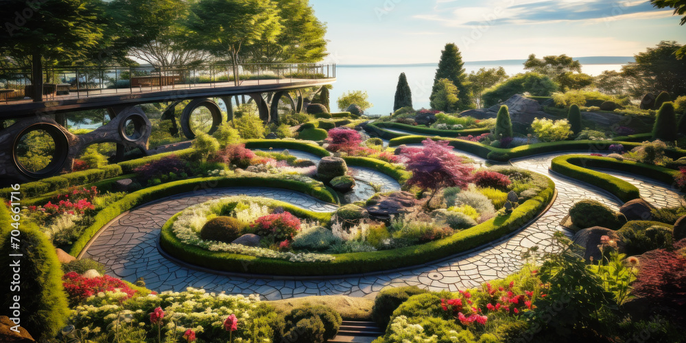 Winding tiled path in upscale landscaped home garden in summer, luxury design of house backyard ...