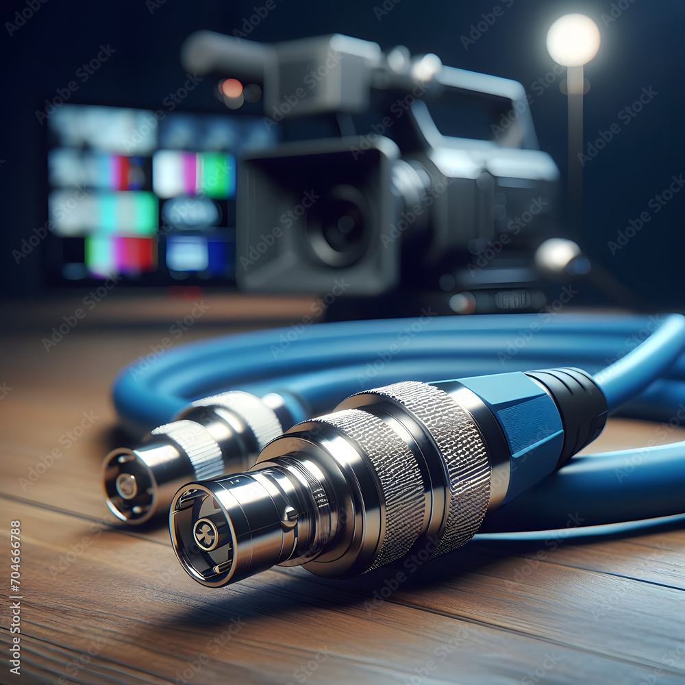 Professional data and video cables with blue sheaths and shiny chrome ...