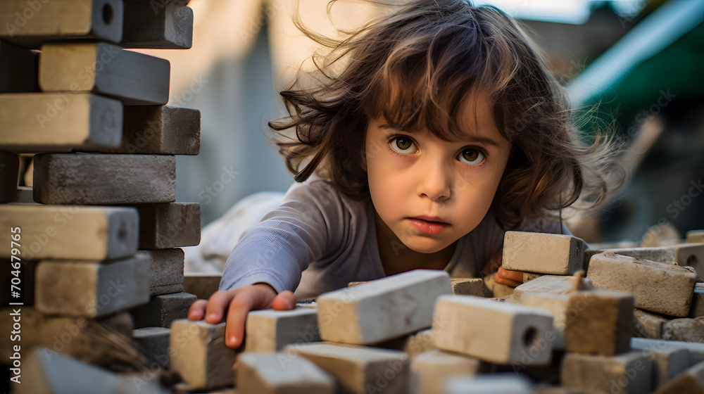 A child looking at a toppled tower of blocks with a sad expression ...