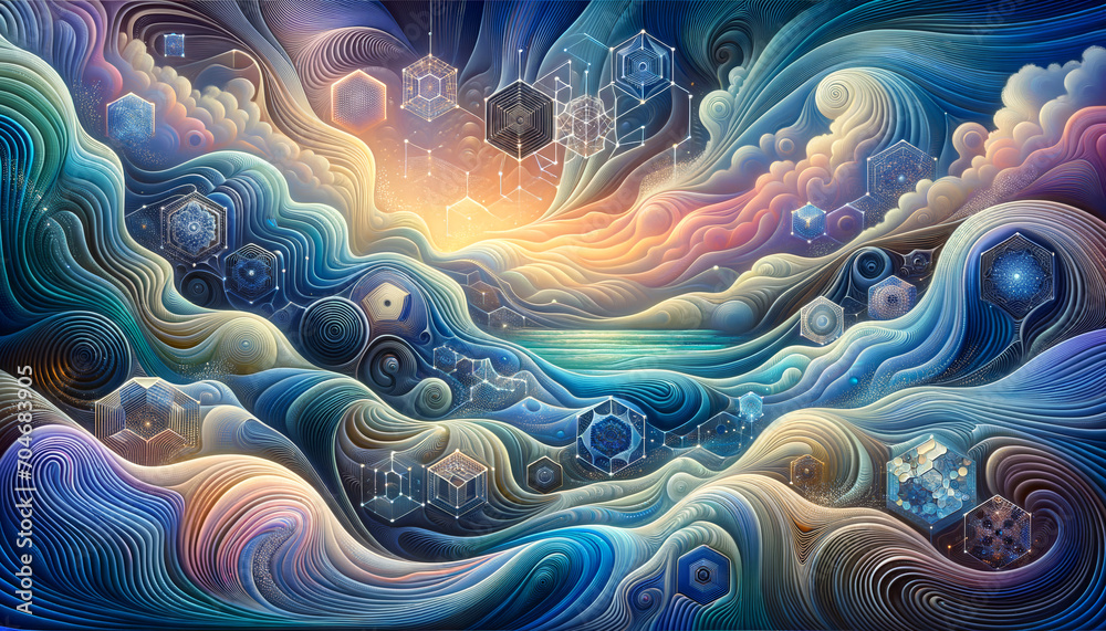 Serene deep learning landscape with flowing waves and glowing neural ...