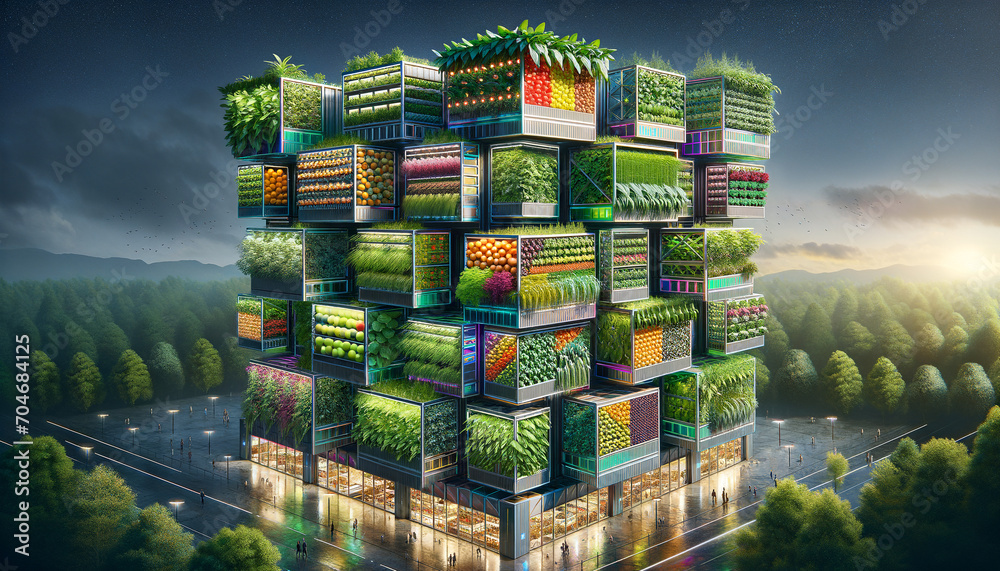 Vertical Farm of the Future: Lush greens and vibrant produce in a 90s ...