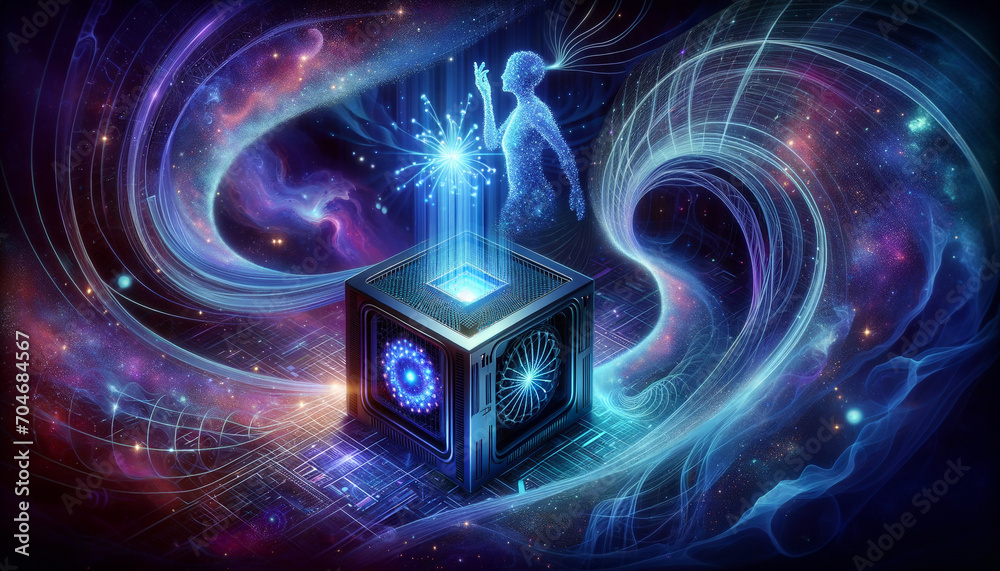 Futuristic quantum computing concept with dynamic 2D and 3D elements ...