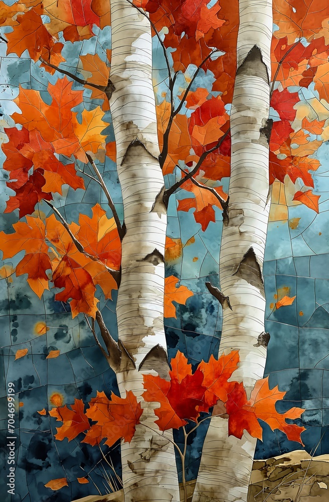tree orange leaves stone cladding texture cut out paper collage aspen ...