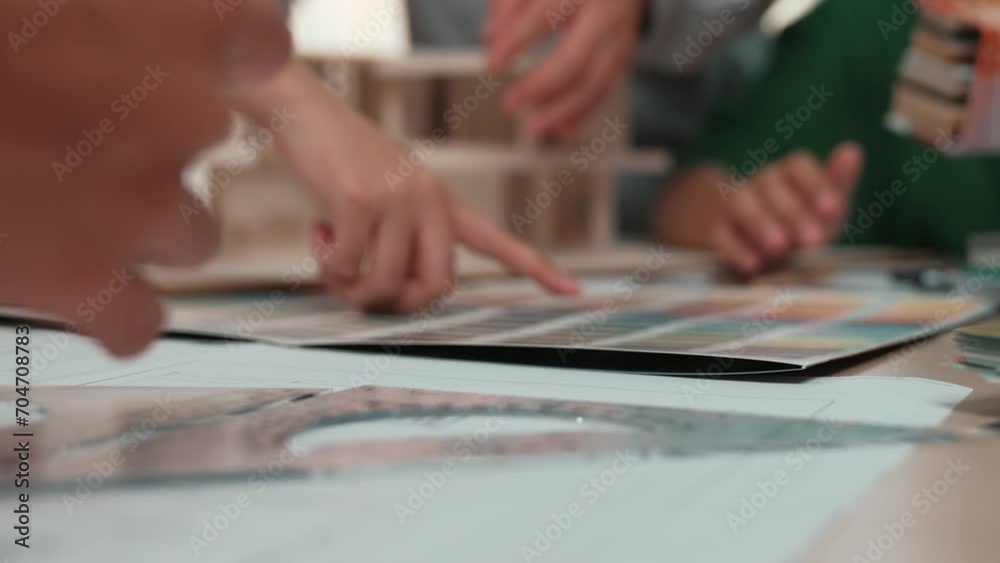 Slow motion interior designer using architectural equipment draw a ...