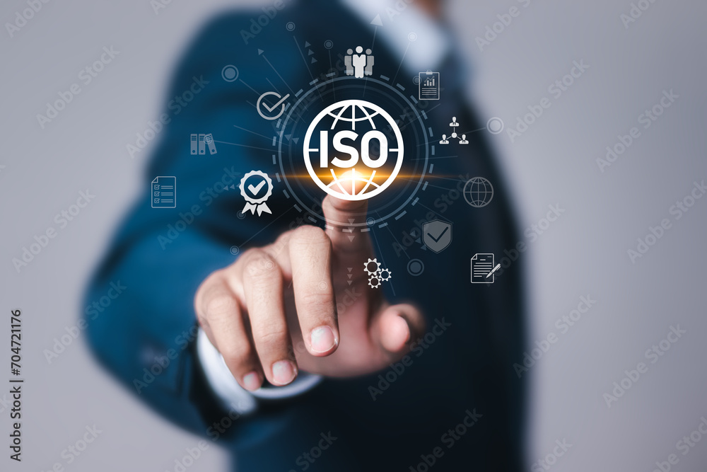 ISO standards quality control. Businessman touching virtual quality ...