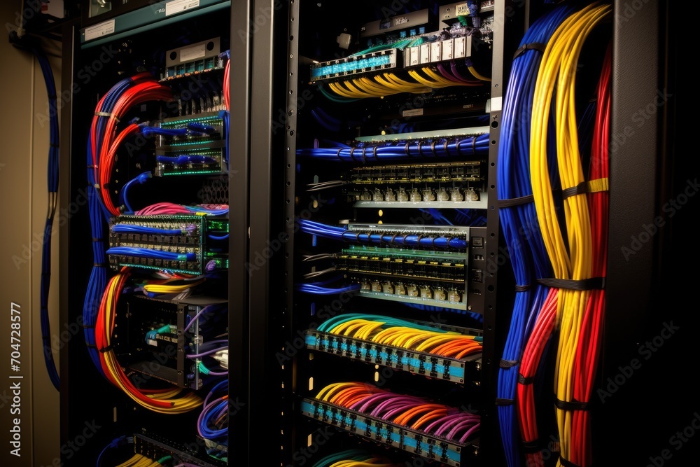 Ethernet cables and patch panel stored in a rack cabinet Stock-Foto ...