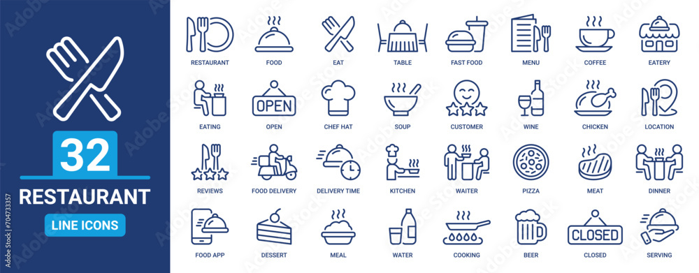 Restaurant icon set. Food, eat, dinner, kitchen, food delivery, menu ...