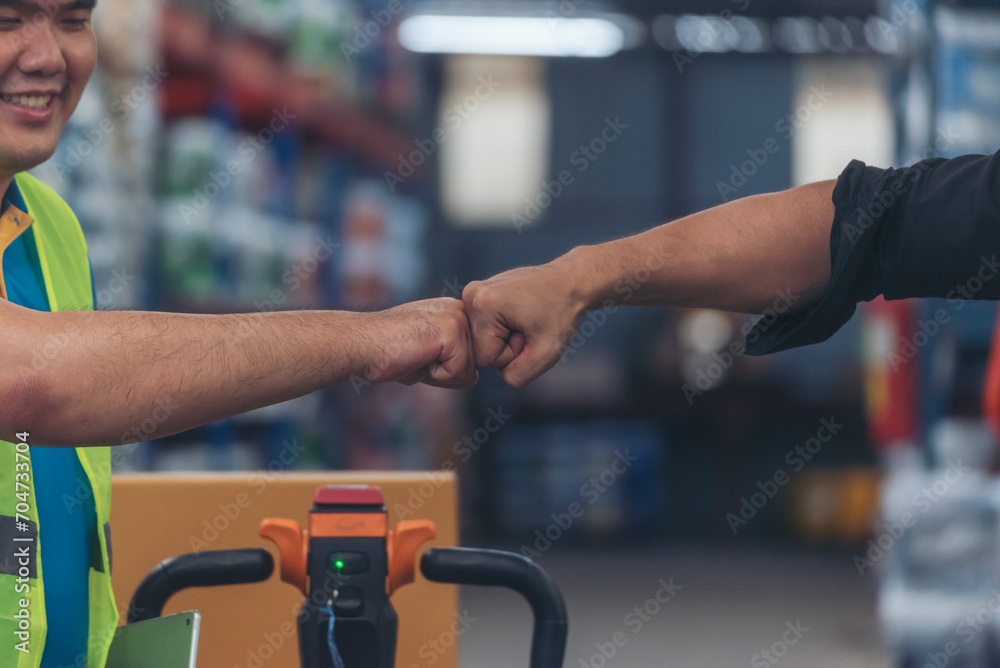Diversity Teamwork Warehouse worker fist bump together trust partner ...