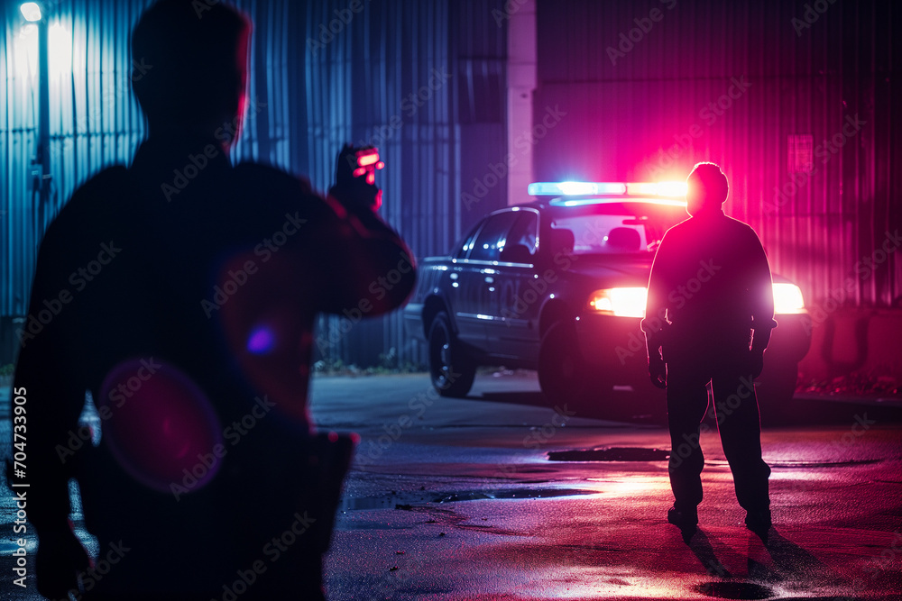 A silhouette of a police officer with a drawn weapon is illuminated by ...