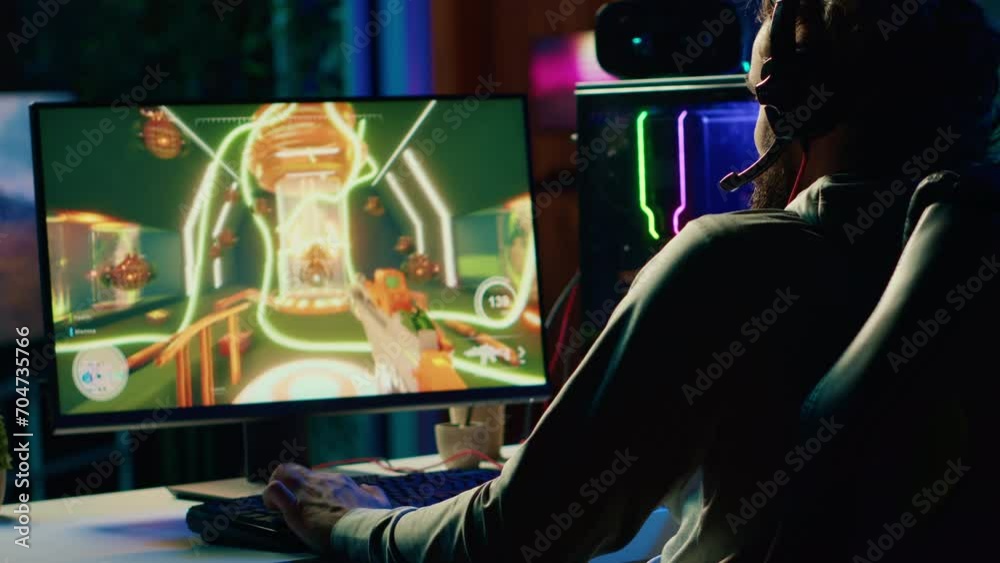 Player reaching final mission in coop FPS videogame, battling flying ...