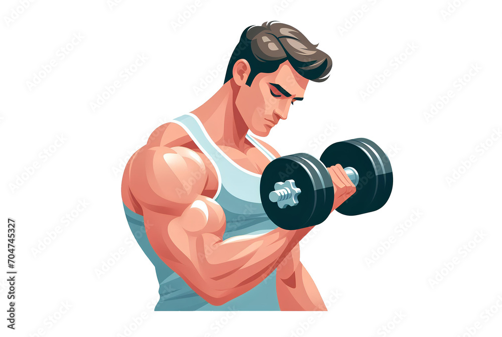 A man is doing bicep curls with a dumbbell - cartoon style on a ...