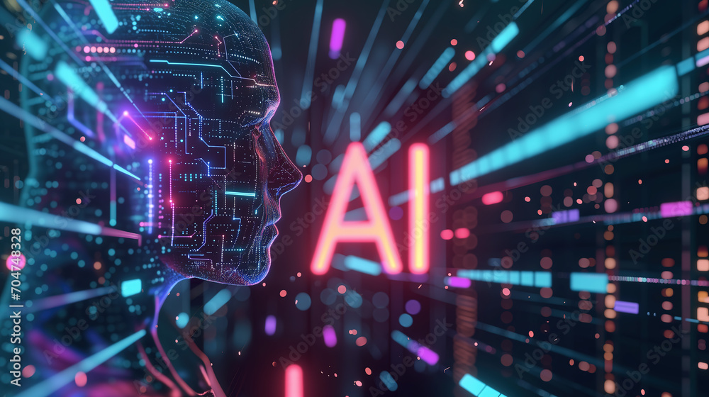 Futuristic Artificial Intelligence: Holographic Profiles, Glowing Data Streams, and Cybernetic ...