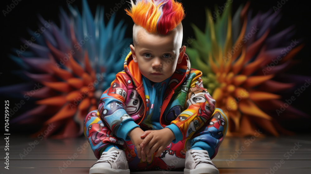 Cool kid with a rainbow mohawk in 90s attire, intense gaze. Striking ...