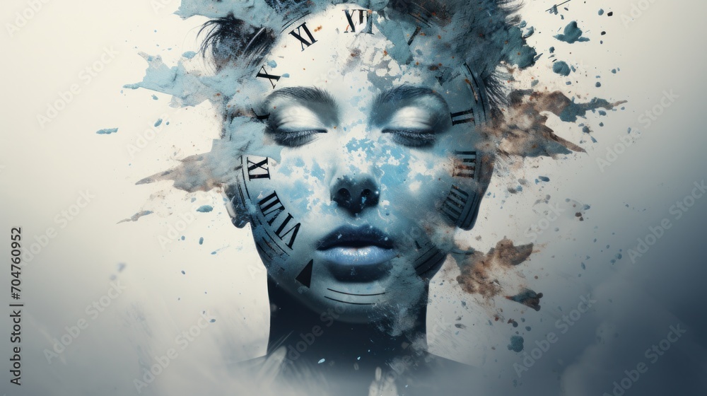A fragmented visage in monochromatic blue with clock elements, evoking ...