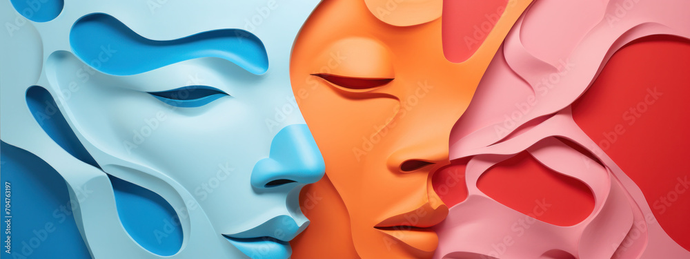 Two faces, one in soothing blues and the other in fiery reds, create a ...