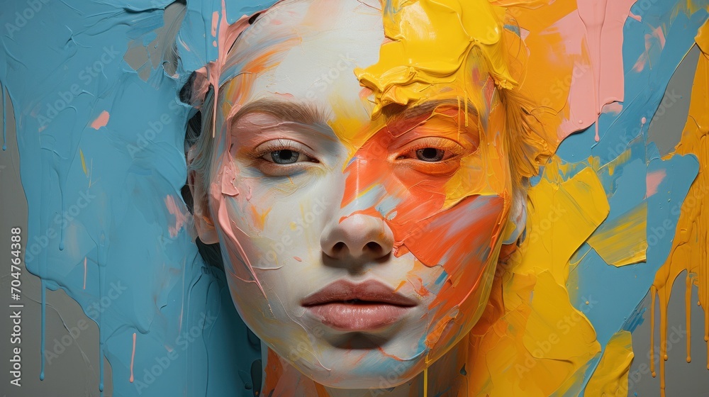 A fusion of soft pastels contours the face, symbolizing the gentle yet ...