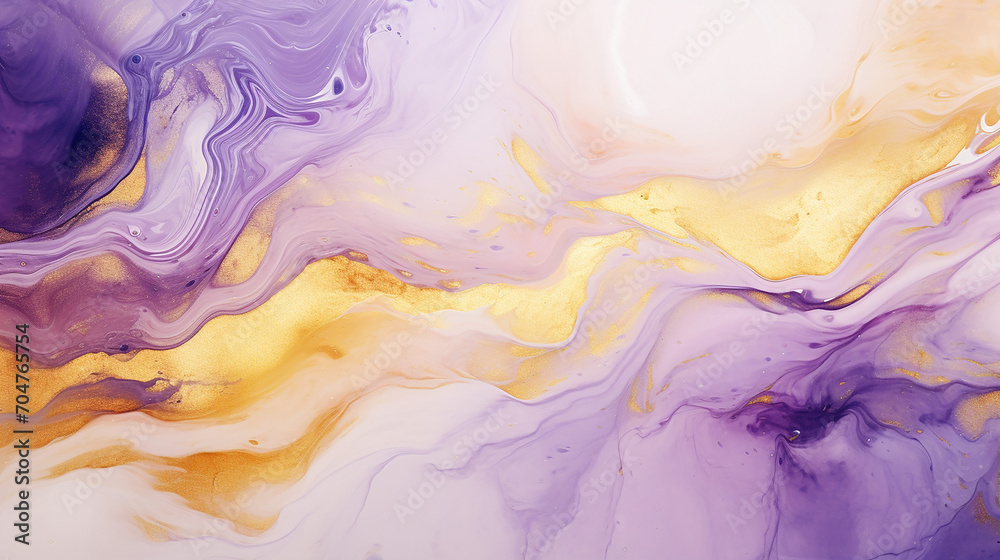 Gold and Deep Purple overflowing colors. Liquid acrylic picture that ...