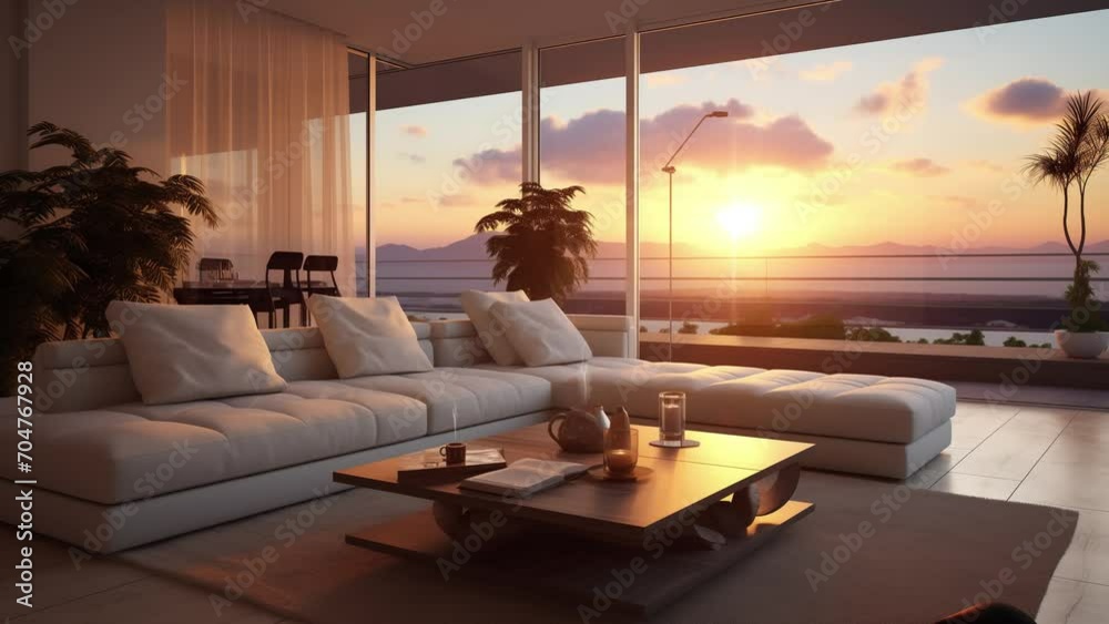 sunset modern living room, animated virtual backgrounds, sofa cozy ...