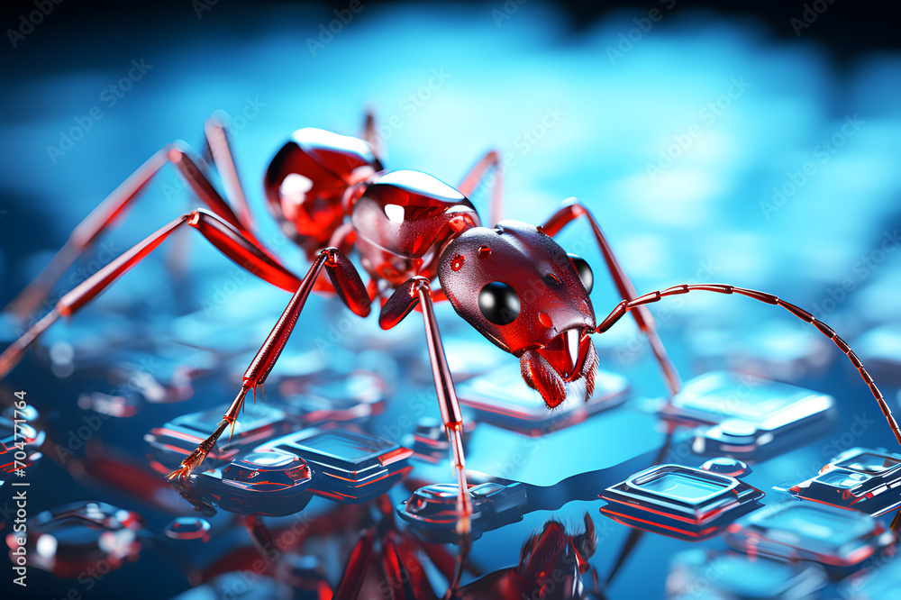 Ant red, holographic of digital ant red on the blue keyboard, display ...