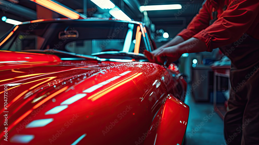 a painter in a spray booth painting a car, Auto painter painting a car ...
