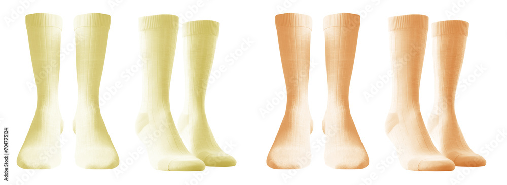 2 Set of pastel light yellow orange, front side view blank plain socks ...