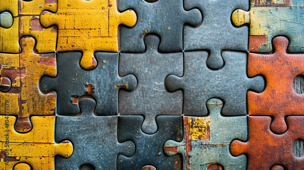 A close up photo of a puzzle piece made of varied wood colors. Suitable ...