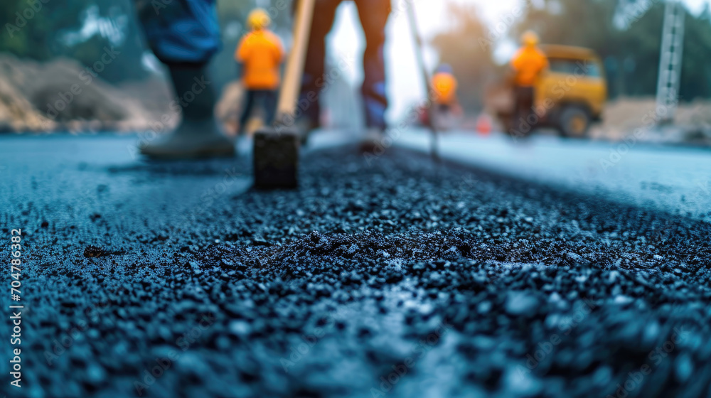 asphalt pavement workers working on asphalt road,Construction site is ...