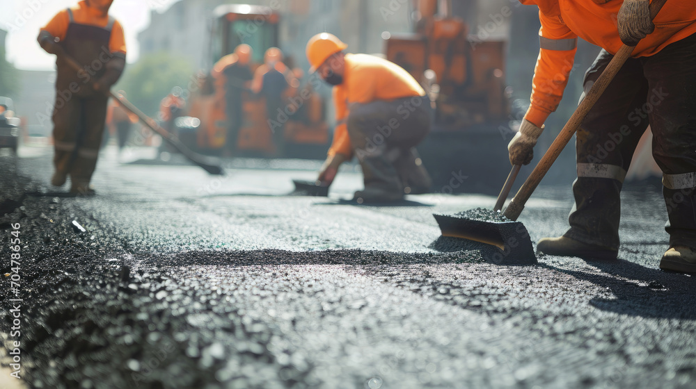 asphalt pavement workers working on asphalt road,Construction site is ...