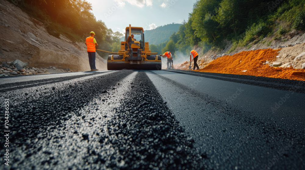 asphalt pavement workers working on asphalt road,Construction site is ...