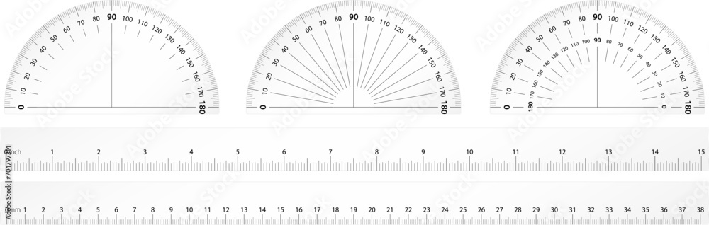 Degree protractor and ruler scales for measuring angle, size, length ...